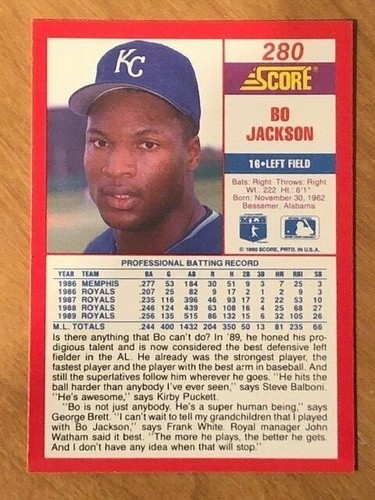Bo Jackson Card #280. 1990 Score Baseball | eBay