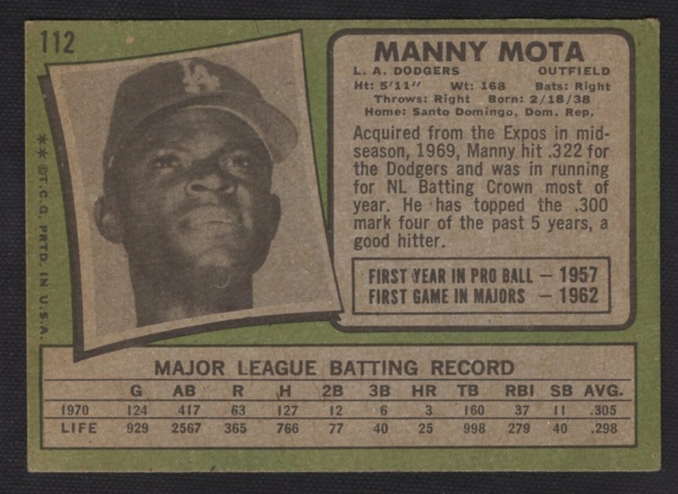 1971 Topps Baseball Card #112 Manny Mota Los Angeles Dodgers VG-EX | eBay