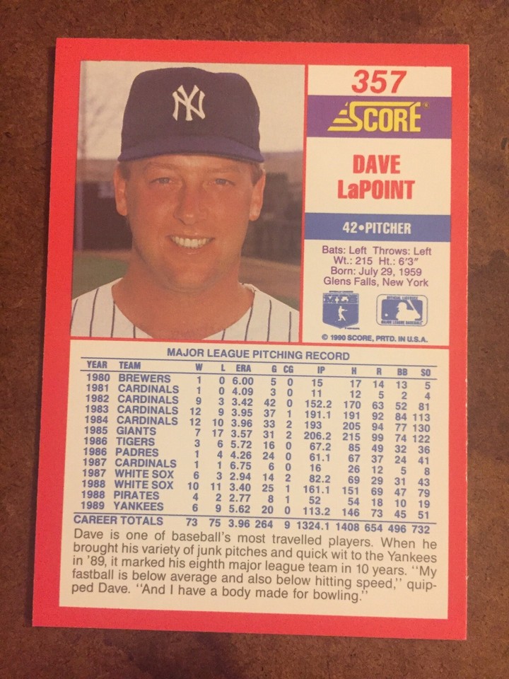 Dave LaPoint 357 Score 1990 MLB Baseball Trading Card | eBay