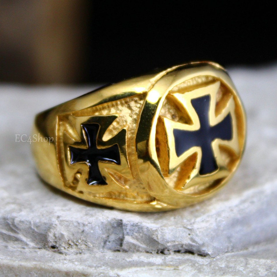 Men's Rocker 18K Gold Plated German Iron Cross Pattée 316L Stainless ...