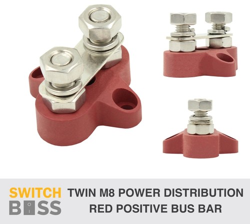 TWIN M8 RED Terminal Post Power Distribution Block Bus Bar Stud - Side ...