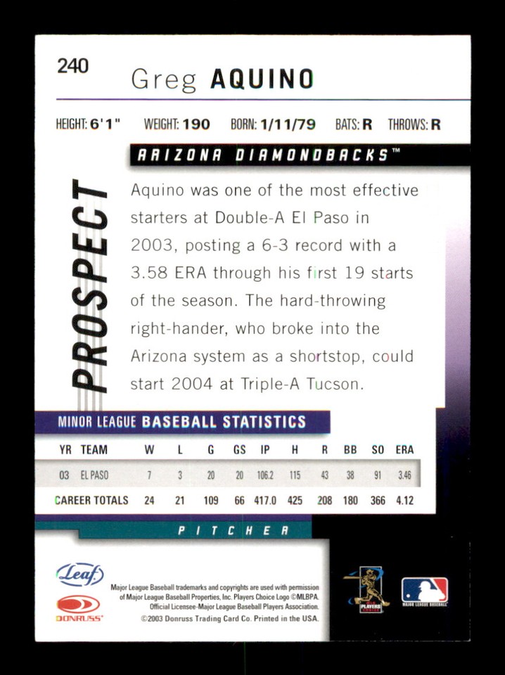 2003 Donruss Second Edition - Greg Aquino - On Card Autograph | eBay