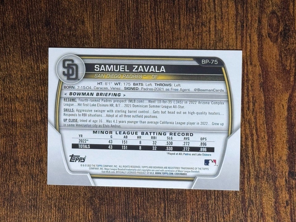 2023 San Diego Padres PROSPECT Samuel Zavala Topps Bowman PROSPECT #BP ...