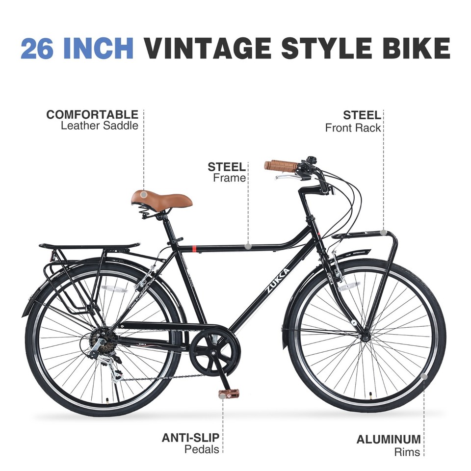 Black 26 Inch Vintage Style Bike,7 Speed Retro Commute Bike for Women ...