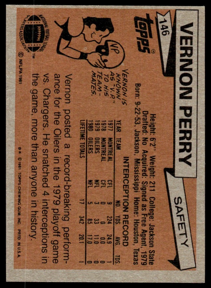 1981 Topps Football Card Vernon Perry Rookie Houston Oilers #146 | eBay