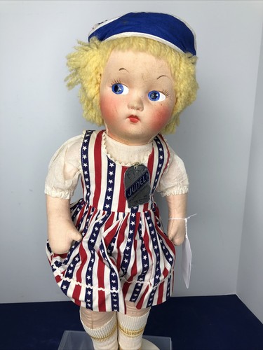 18” Vintage Junel Cloth Doll All Original Molded Painted Face Yarn Hair ...