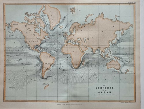 1874 MAP THE WORLD CURRENTS OF THE OCEAN ASIA AFRICA EUROPE AMERICA ...