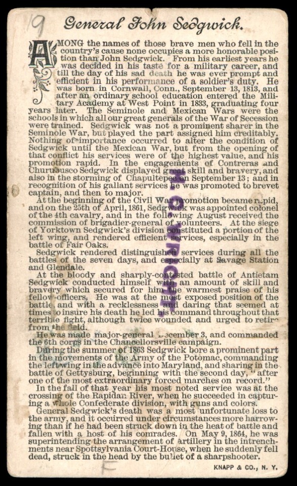 1889 N114 Duke Histories of Generals General John Sedgwick GOOD+ *BB ...