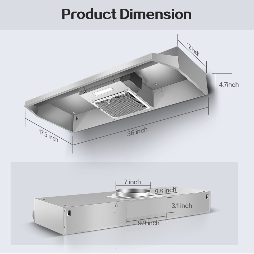 Kitchen 36in Under Cabinet Range Hood 280CFM Cook Fan Stainless Steel w ...
