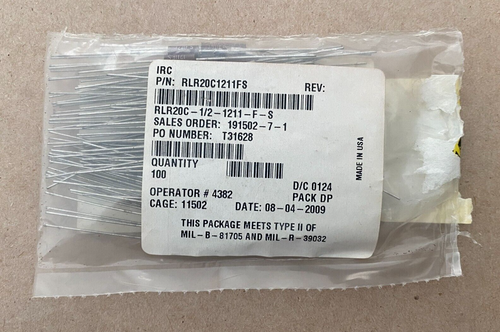 RLR20C1211FS, IRC, Metal Film Resistor 1.21K Ω 1% 0.5W(1/2W) ±100ppm ...