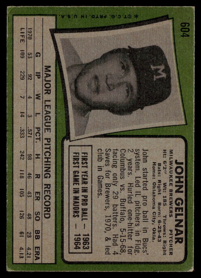 John Gelnar 1971 Topps #604 VG | eBay