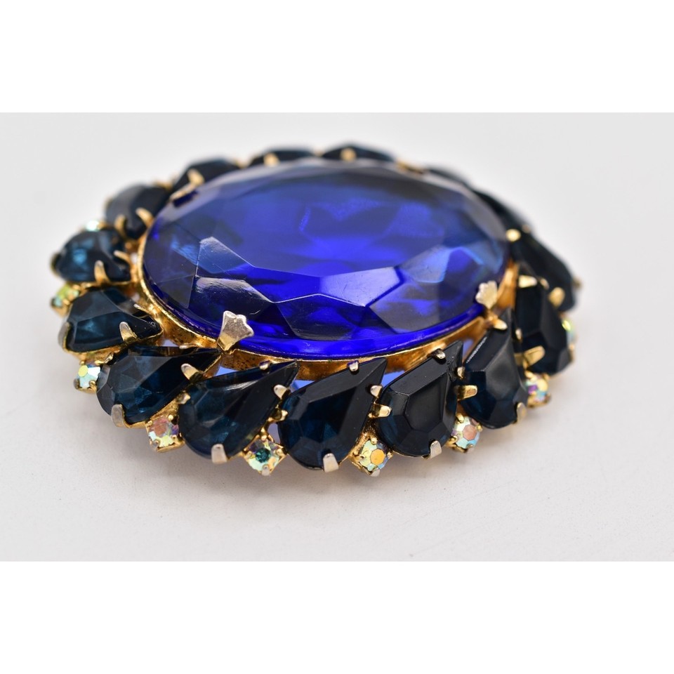 Vintage Blue Crystal Pin Brooch Oval Victorian Glass Aurora Borealis ...