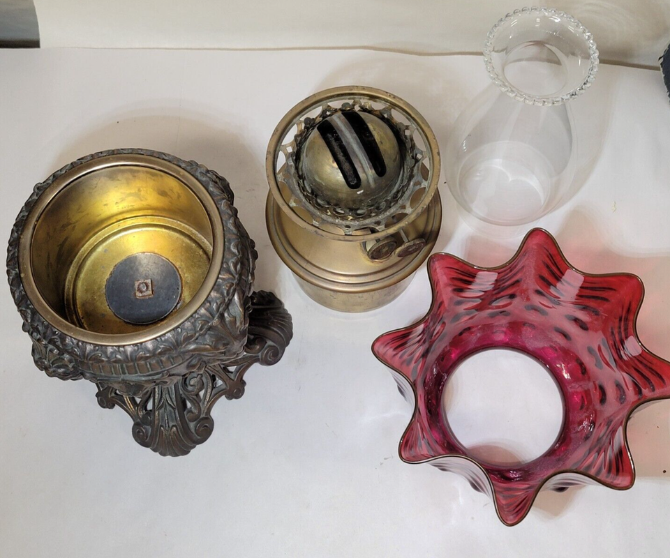 Victorian Gothic DEVIL & Lady Figural OIL LAMP Red Ruby Glass Hobnail ...