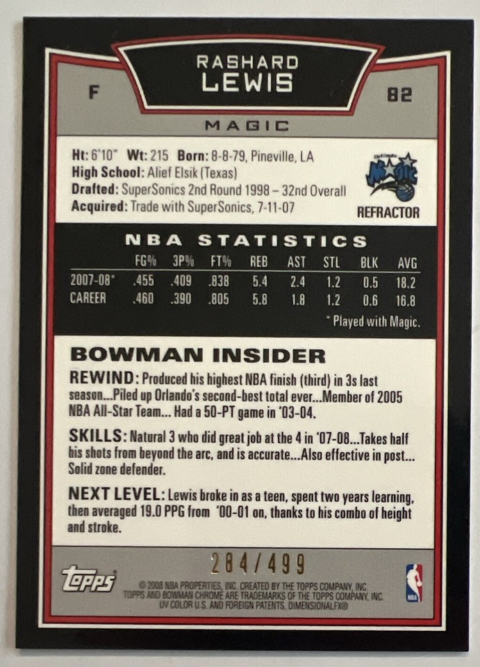 Rashard Lewis 2008-09 Bowman Chrome DP&S Refractor #’D /499 #82 Magic ...