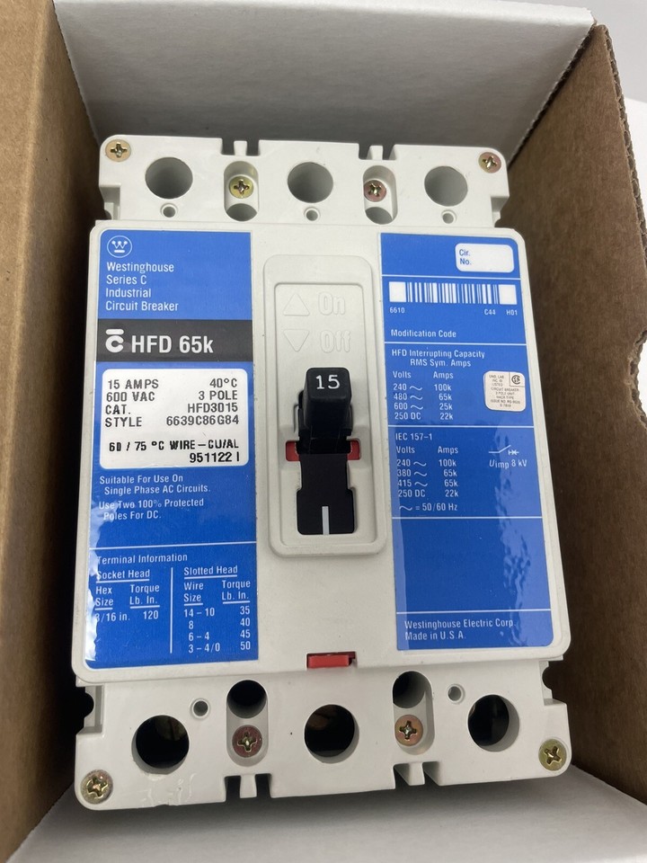 WESTINGHOUSE HFD3015 3 POLE 15A 65K HFD CIRCUIT BREAKER (USED) | eBay