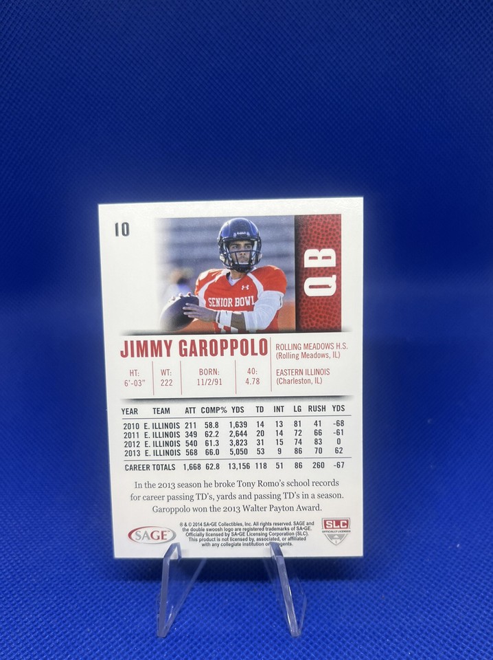 2014 SAGE Hit Jimmy Garoppolo ROOKIE #10 San Fransisco 49ers Card 🏈🏈🏈 ...