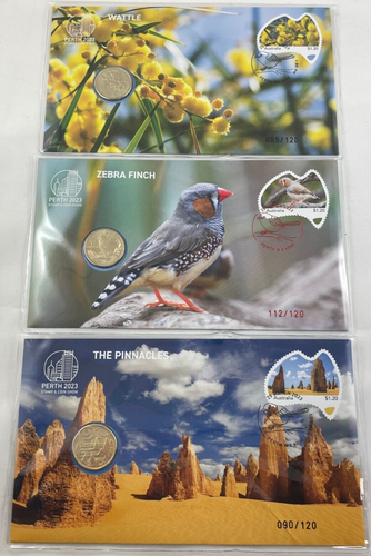 2023 PERTH $1 COIN & STAMP SHOW SET OF 3 PNC's- Wattle, Pinnacles ...