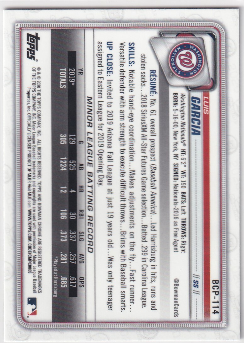 2020 BOWMAN CHROME MOJO REFRACTORS RC LUIS GARCIA WASHINGTON NATIONALS ...