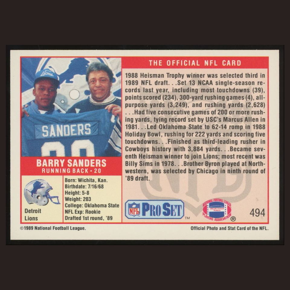 Barry Sanders Rookie #494 1989 Pro Set Detroit Lions Football Card NFL ...