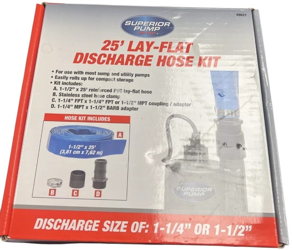 Superior Pump 99621 Lay-Flat Discharge Hose Kit, 1-1/2-Inch by 25-foot ...