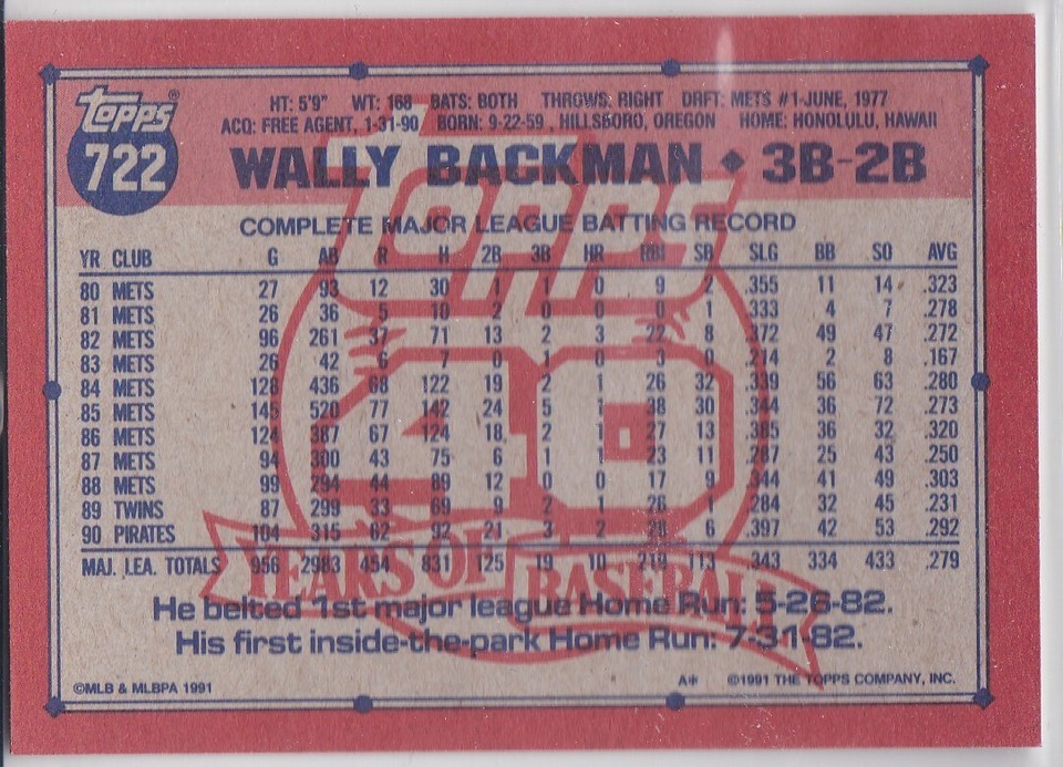 M) 1991 Topps Baseball Trading Card - Wally Backman #722 | eBay