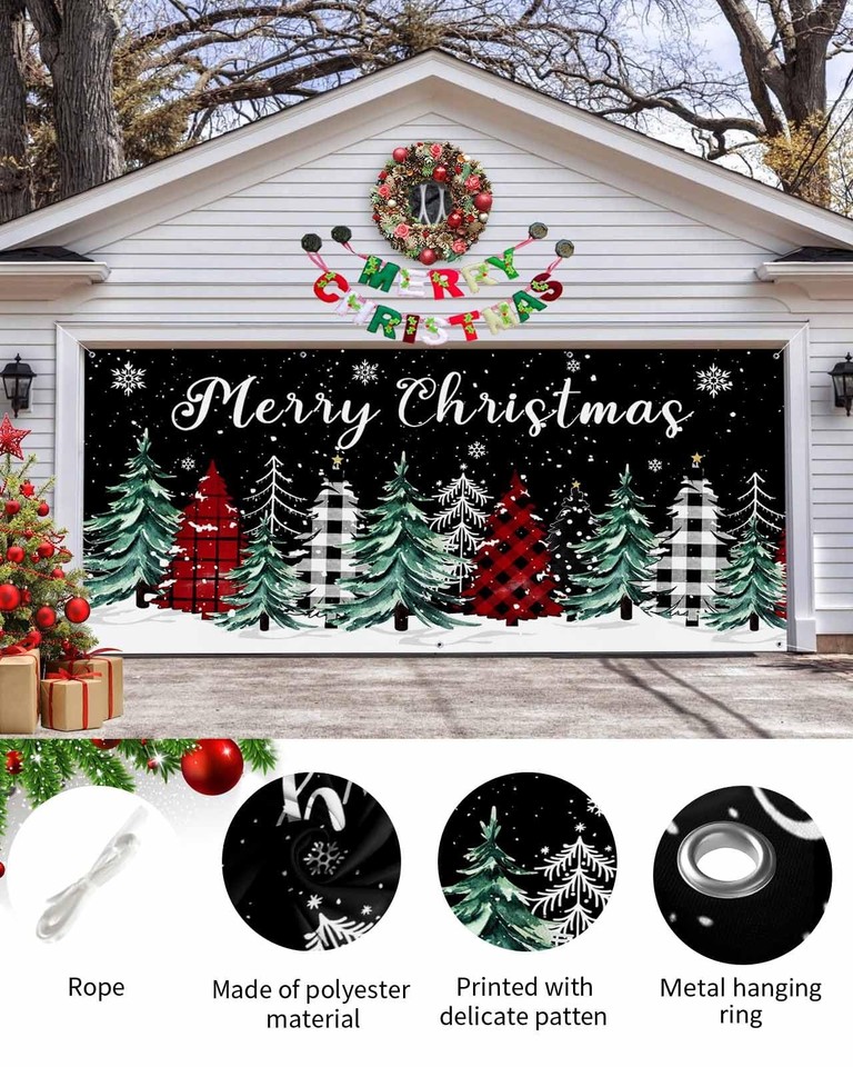 Merry Christmas Garage Door Banner 7x8 ft Xmas Tree Buffalo Plaid ...