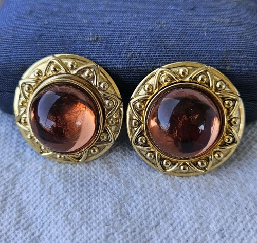 VTG Avon 80S ROUND FAUX TURTLE SHELL CABOCHON GOLDEN BYZANTINE CLIP-ON ...