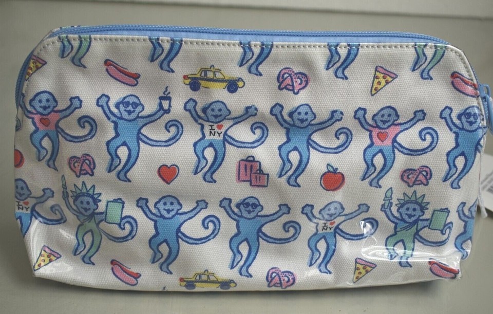 New Roller Rabbit Large New York Monkey Case Make Up Bag Pink Blue LIM ...