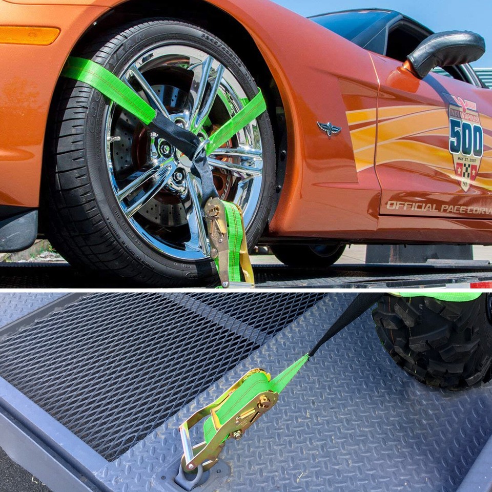 4 Pack Auto Trailer Car Haul Tie Down Kit Lasso Wheel Ratchet Strap w ...