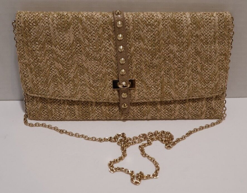 Woven Straw Flat Clutch Crossbody Bag Gold Chain Strap by Miztique | eBay