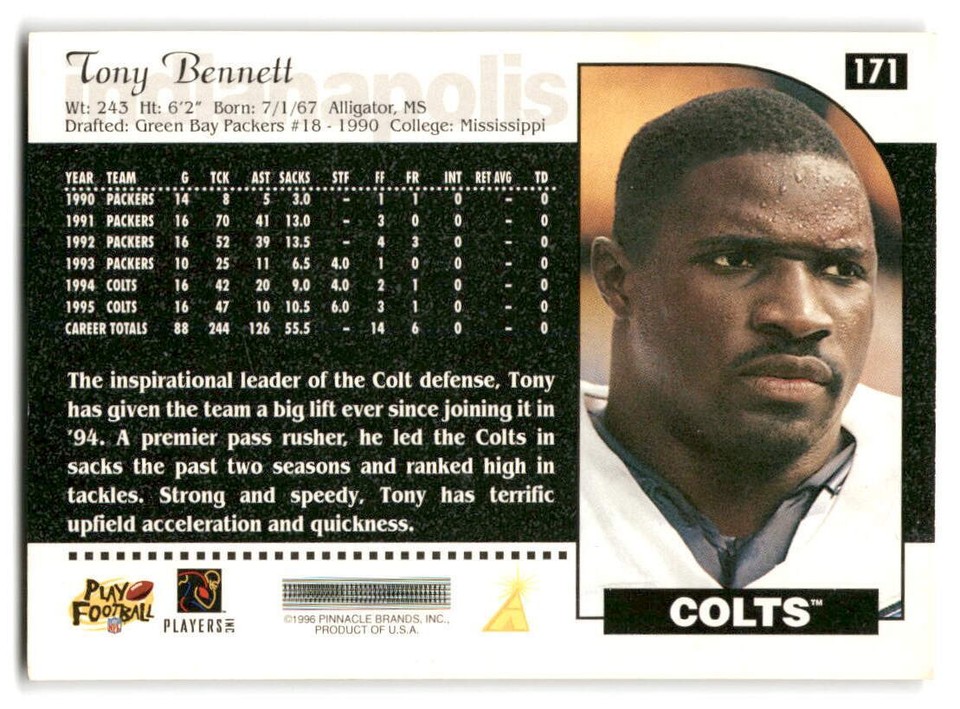 Tony Bennett 1996 Score FOOTBALL #171 Indianapolis Colts | eBay