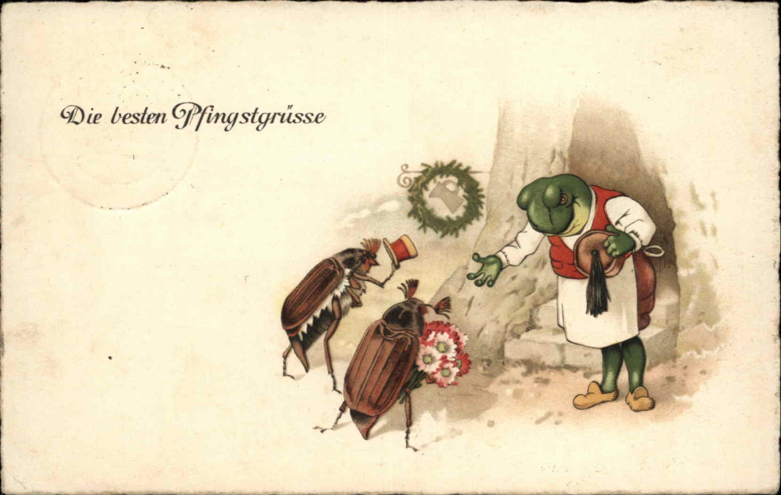 Antique Postcard GERMAN EASTER FANTASY Dressed Insects Beetles Frog ...