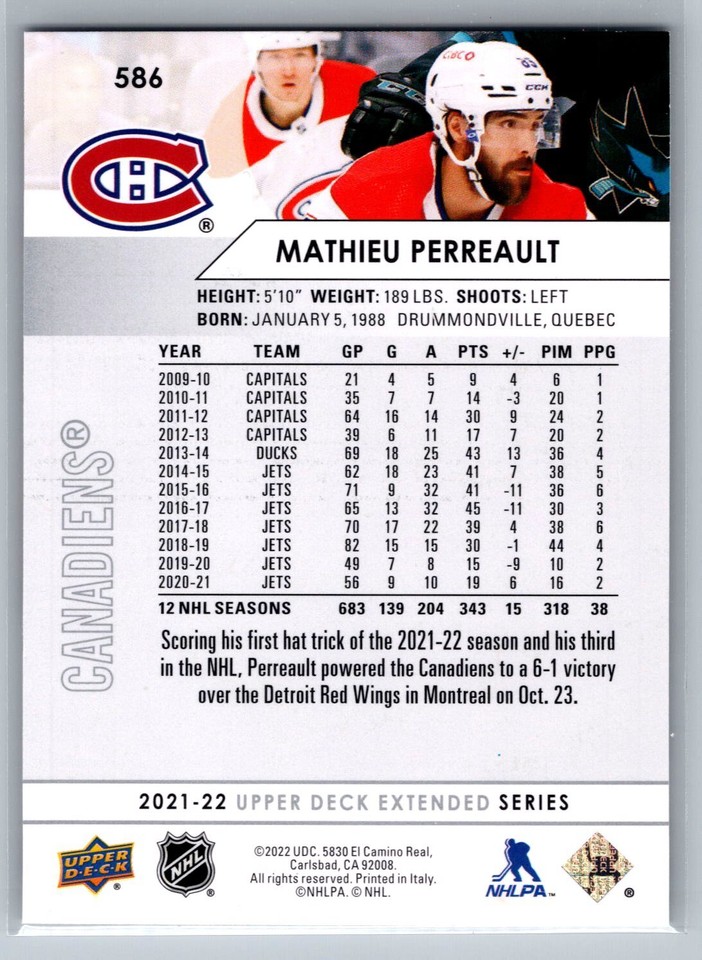 Mathieu Perreault 2021-22 Upper Deck HOCKEY #586 Montreal Canadiens | eBay