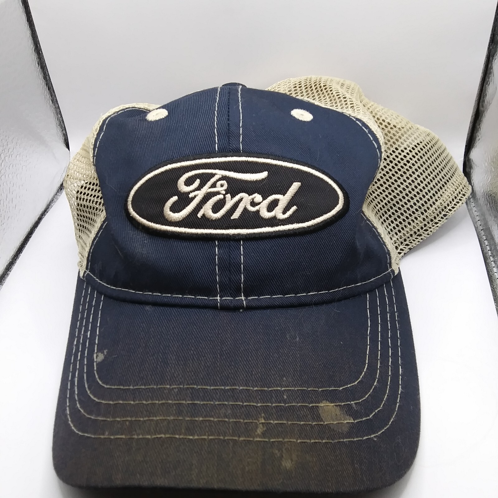 FORD LOGO ADJUSTABLE CURVED BILL NAVY BLUE &TAN MESH … - Gem