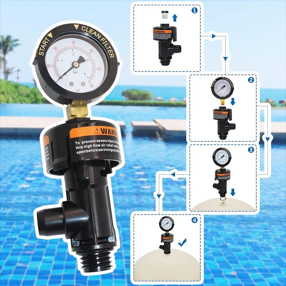 98209800 Air Relief Valve w/Pressure Gauge For Pentair Pool Spa Filter ...