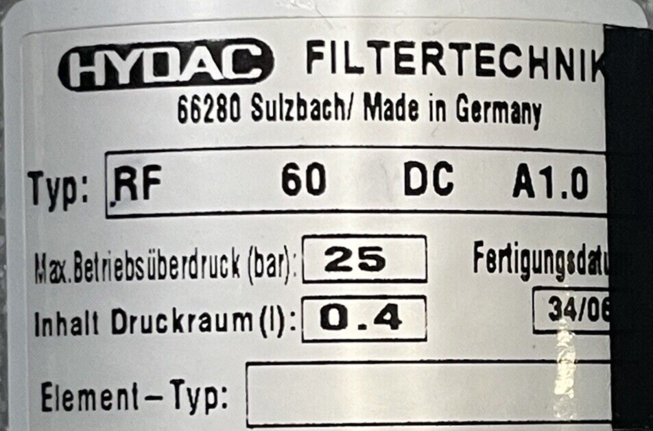 HYDAC Filtertechnik RF 60 DC A1.0 Rücklauf-Saug-Tankfilter 25bar Filter ...