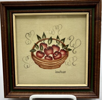 Vtg Jean Henry Theorem Painting Apples Basket Square Folk Art 6 In Wood ...