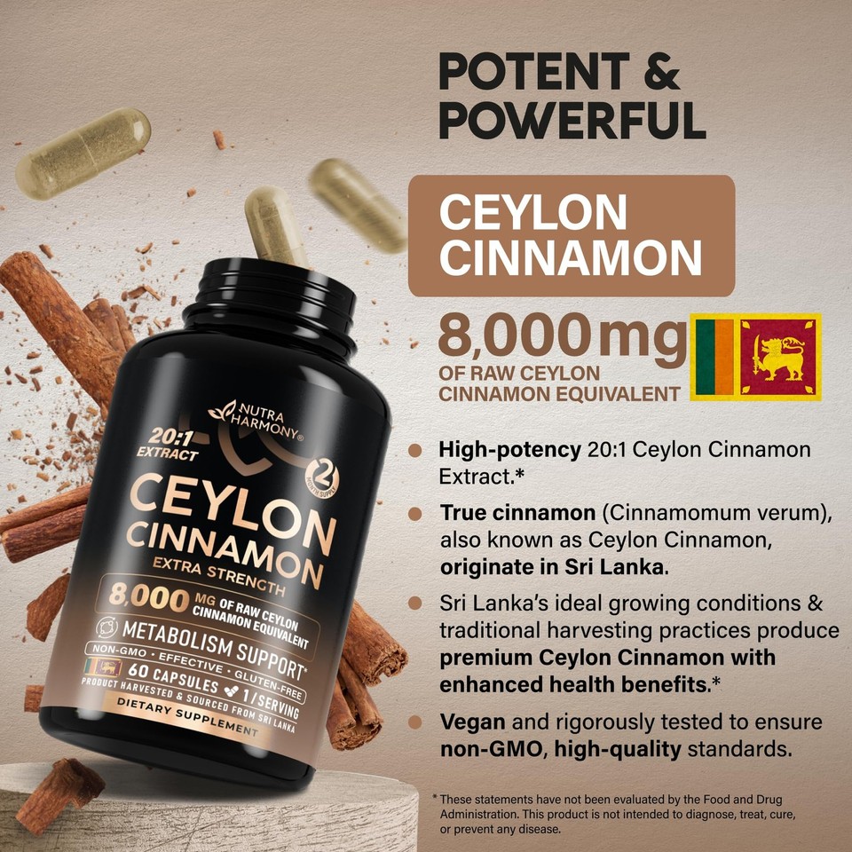 Ceylon Cinnamon Capsules - Extra Strength - Energy Heart 60 Count (Pack ...