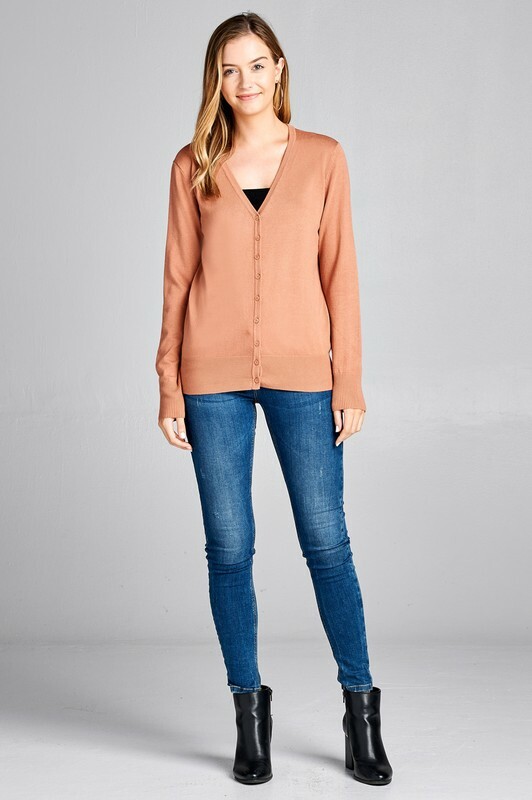 Tan Beige V Neck Button Down Long Sleeve Soft Stretch Light Sweater ...