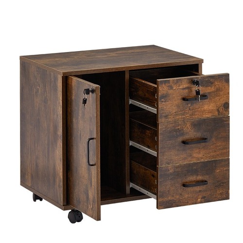 Brown Office Filing Cabinet File Drawers Wheels Mobile Printer Stand ...