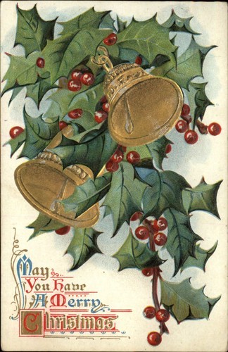 CHRISTMAS gold bells holly Old English font c1910 vintage embossed ...