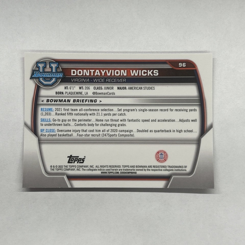 Dontayvion Wicks 2022 Bowman U Chrome 1st Bowman #96 Pink Refractor ...