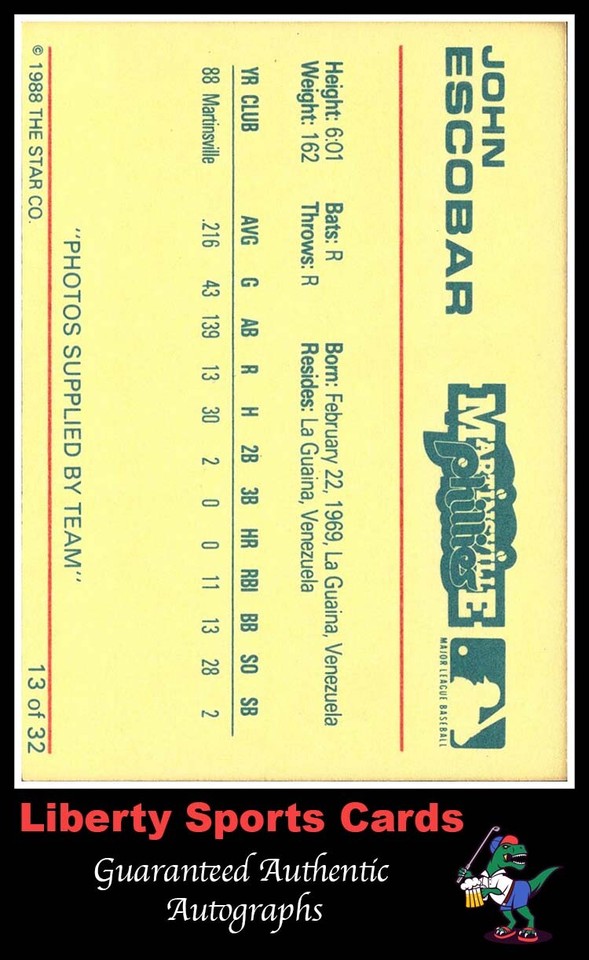 1988 Star John Escobar #13 Authentic Autographed Card Martinsville | eBay