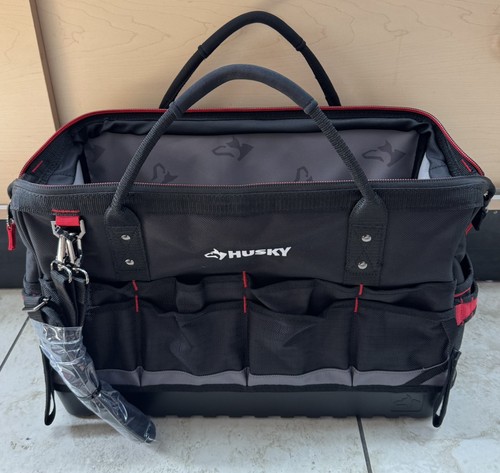 Husky Tool Bag Spring-Loaded Large Mouth 54-Pockets Zippered Top Loc ...