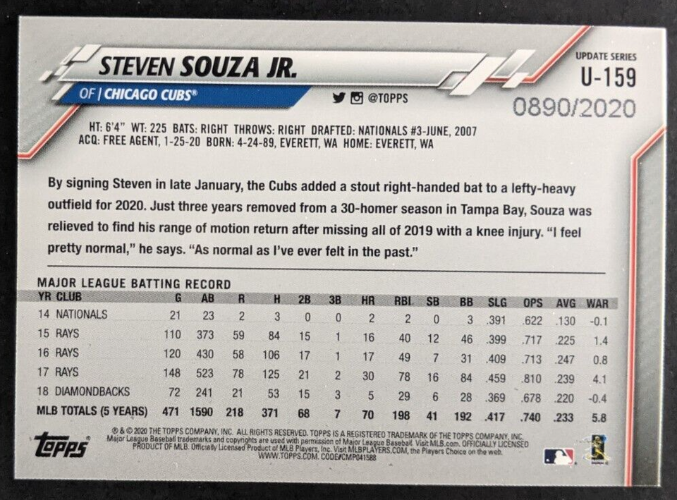 Steven Souza Jr 2020 Topps Update GOLD U-159 Baseball MLB Card /2020 ...