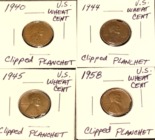 Clipped Planchets Lot of 4 Wheat Cents * 1940 *1944 *1945 *1958 * ERROR ...
