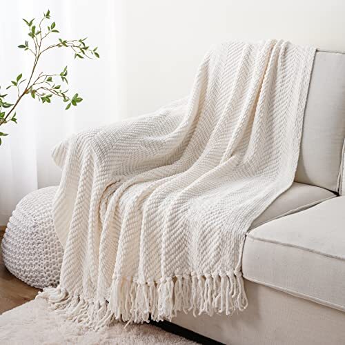 Cream Throw Blanket for Couch Textured Knitted Throw Blanket with ...