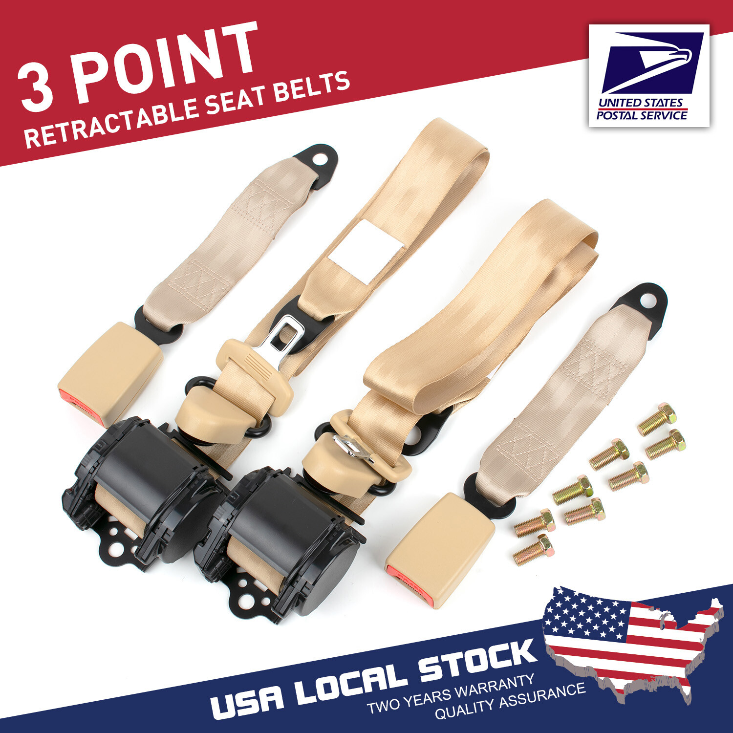 2 Set Retractable 3 Point Car Safety Seat Belt Lap & Diagonal w/Release ...