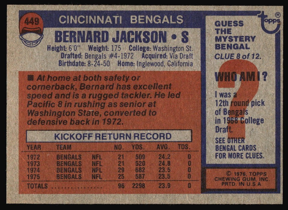 1976 Topps Bernard Jackson Rookie #449 Cincinnati Bengals | eBay