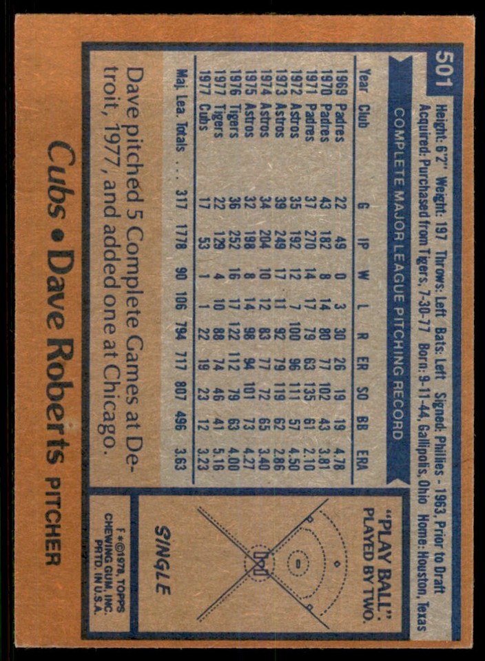 1978 TOPPS DAVE ROBERTS CHICAGO CUBS #501 (102) | eBay